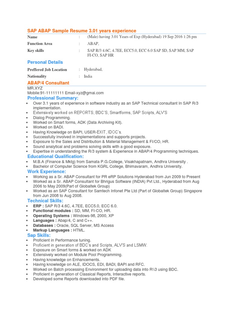 SAP ABAP Sample Resume 3.01 Years Experience: Personal Details | PDF ...