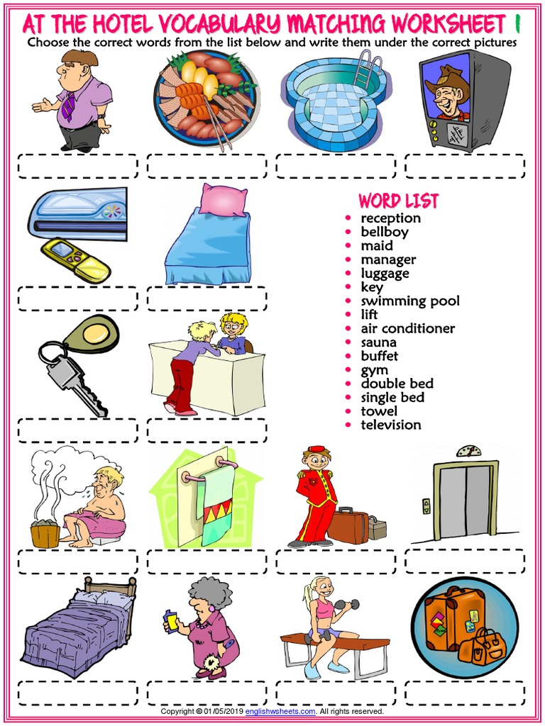 Hotel Vocabulary Esl Matching Exercise Worksheets For Kids | PDF | Bathing