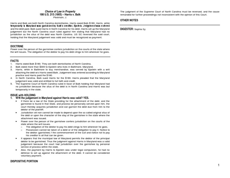 Choice of Law in Property: 198 U.S. 215 (1905) - Harris v. Balk Other ...