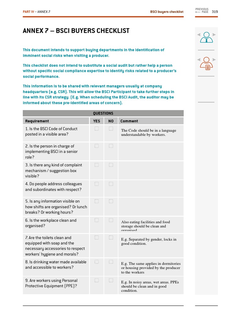 BSCI MANUAL 2.0 EN Annex 7 BSCI Buyers Checklist PDF | PDF | Personal ...