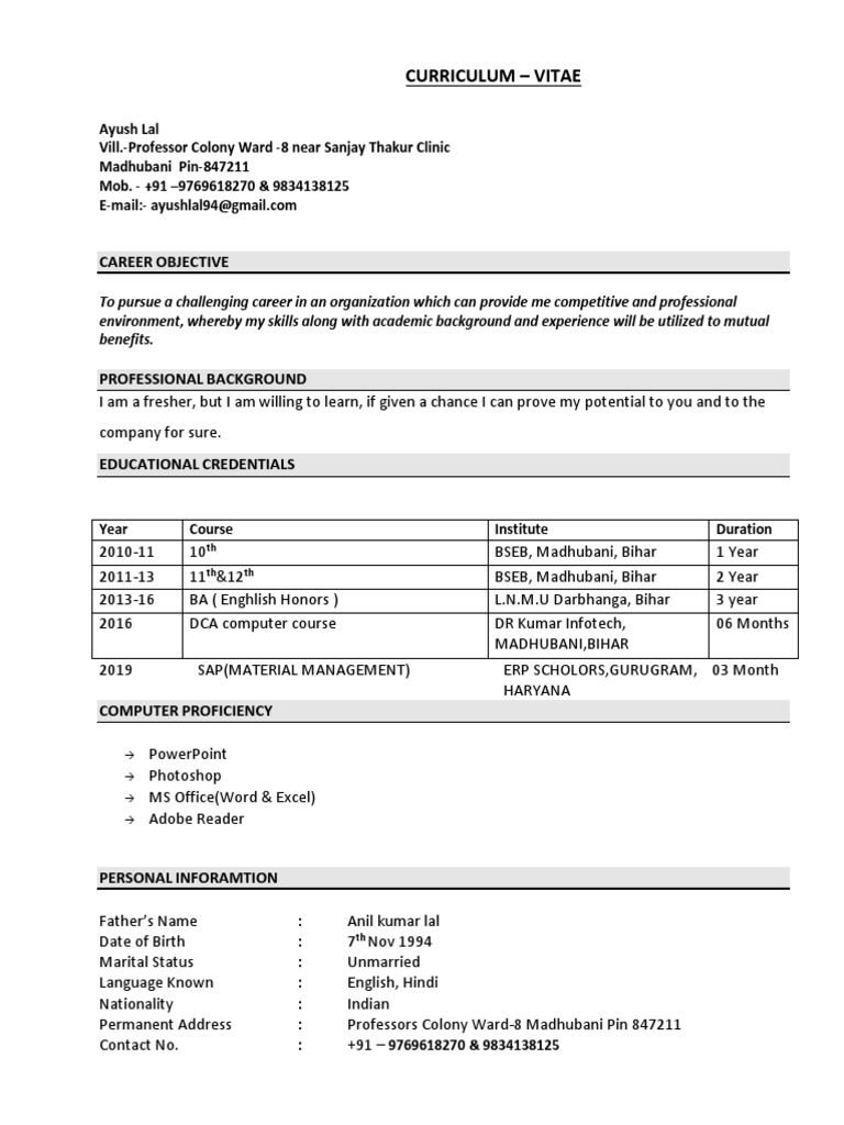 Curriculum - Vitae: Career Objective | PDF | Learning | Cognition