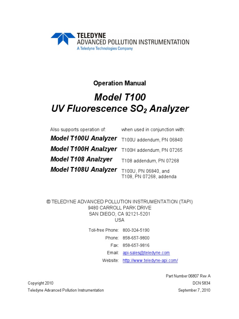 T100 Manual - 06807A - Manua (So2) L, T100, Operators PDF | PDF ...