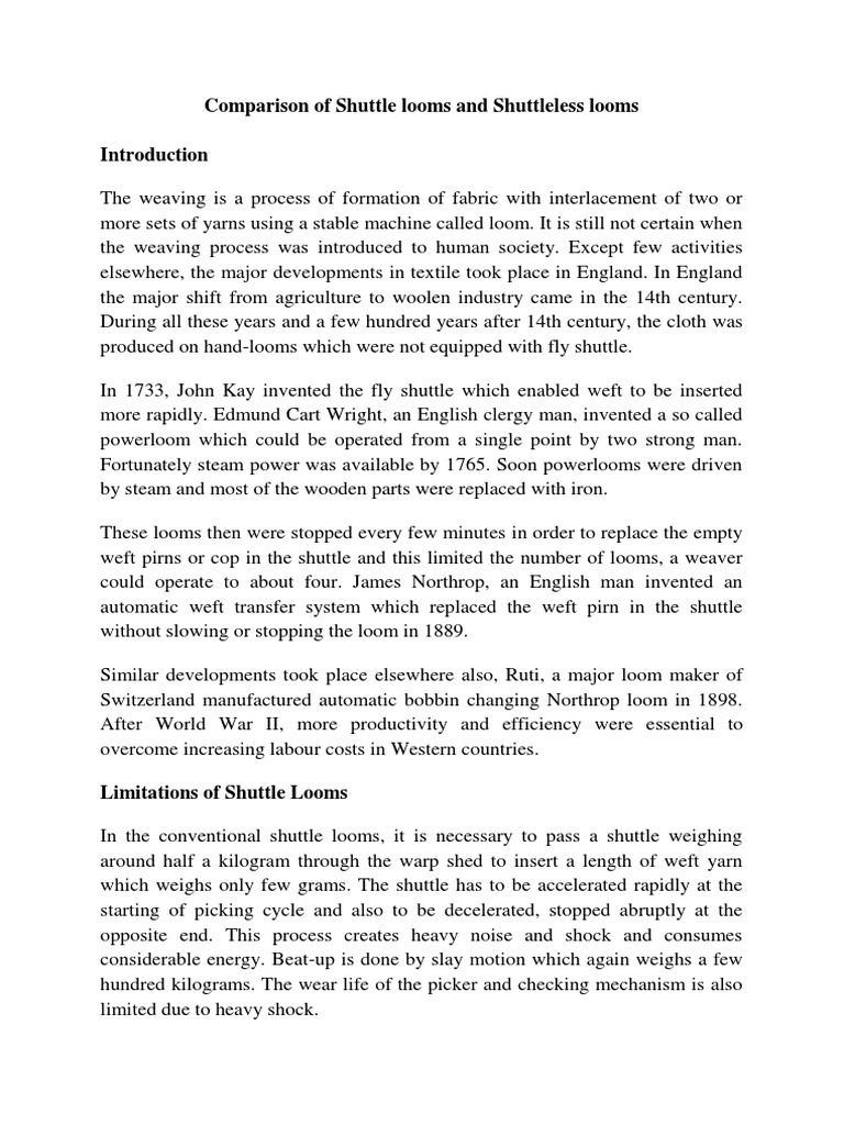 Comparison of Shuttle Looms and Shuttleless Looms | PDF | Loom | Weaving