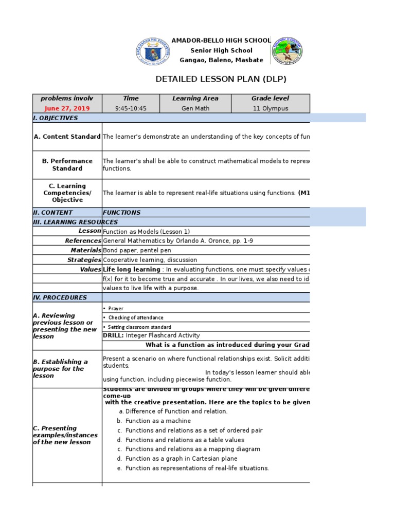 Week 1 DLP | PDF | Function (Mathematics) | Lesson Plan