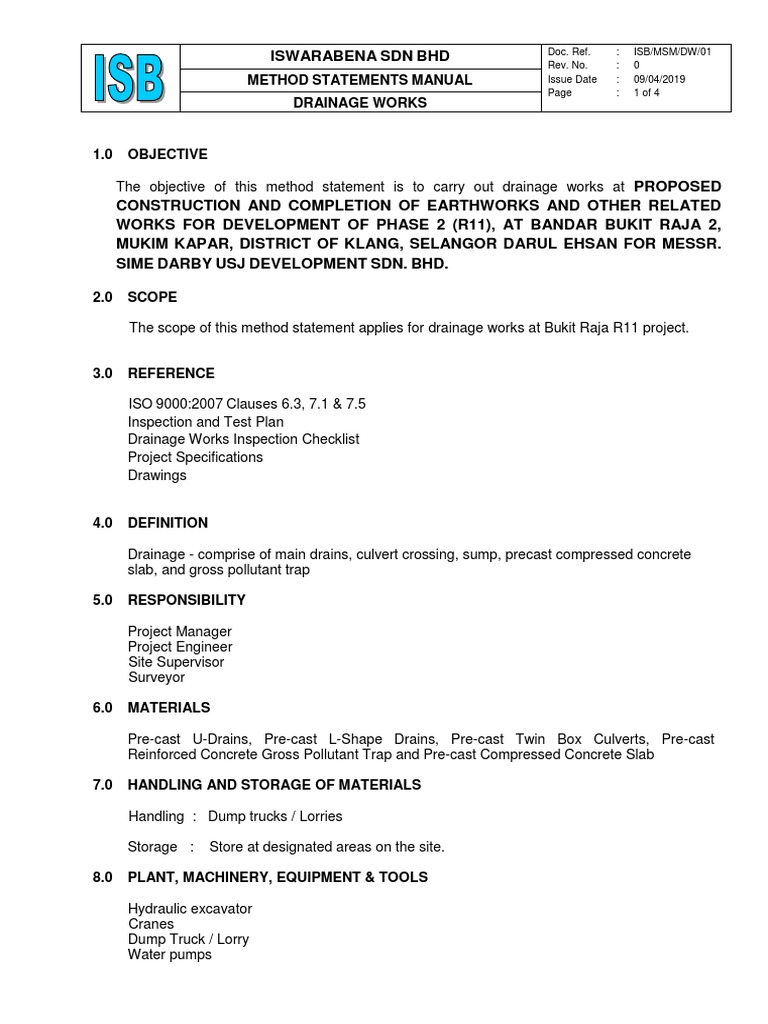 Method Statement for Drainage Works | PDF | Precast Concrete | Concrete