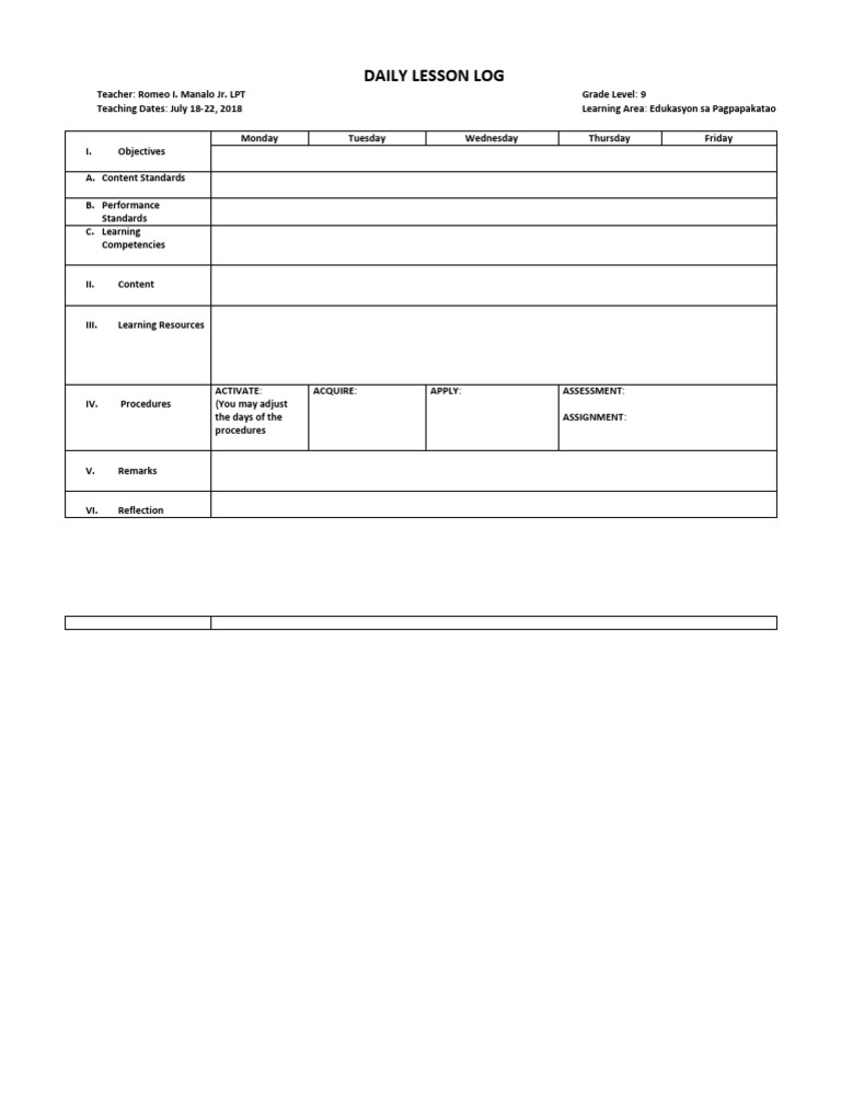 Daily Lesson Log Template
