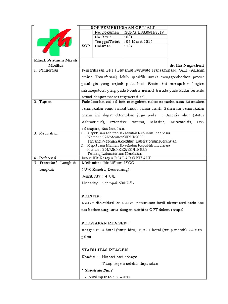 Sop Pemeriksaan GPT/ Alt | PDF