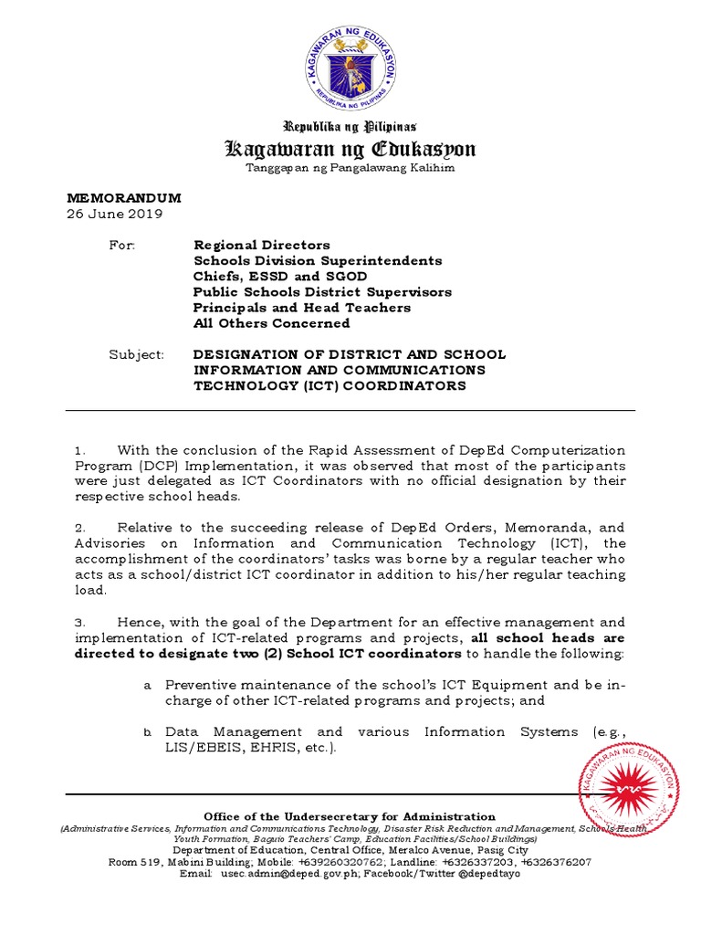Memo - School ICT Coordinator | PDF | Educational Technology ...