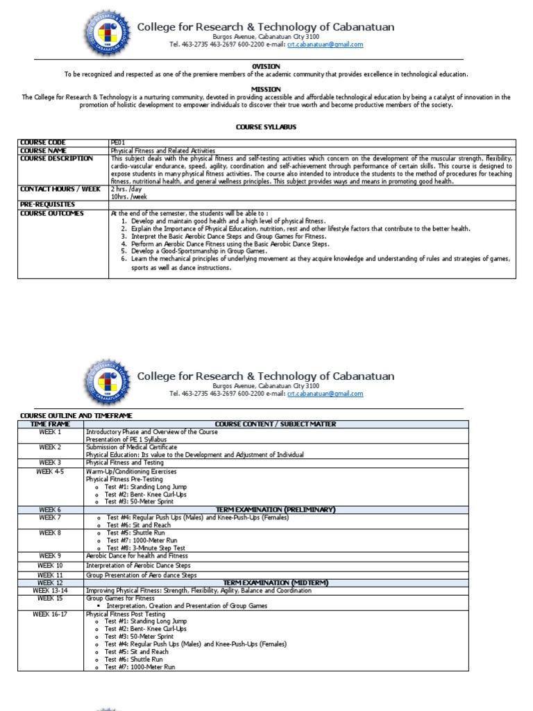 CRT Cabanatuan PE1 Syllabus | PDF | Physical Fitness | Physical Education