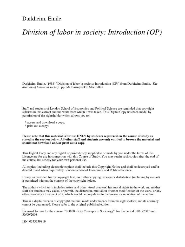 Division of Labor in Society Introduction | PDF