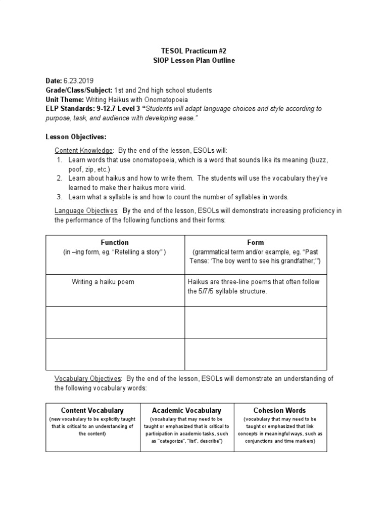 TESOL Practicum #2 SIOP Lesson Plan Outline Date: Grade/Class/Subject ...