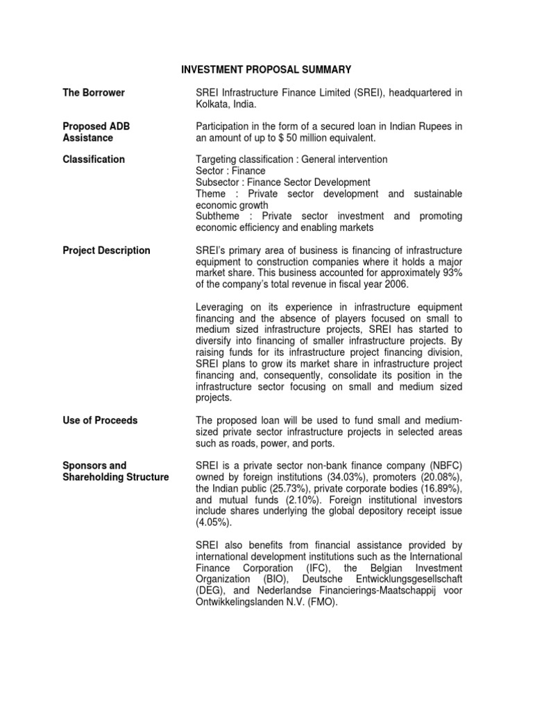 Sample Investment Proposal Summary | PDF | Asian Development Bank | Loans