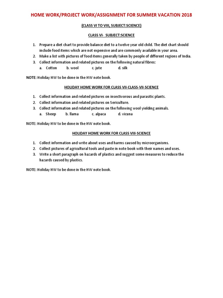 Home Work/Project Work/Assignment For Summer Vacation 2018 | PDF ...