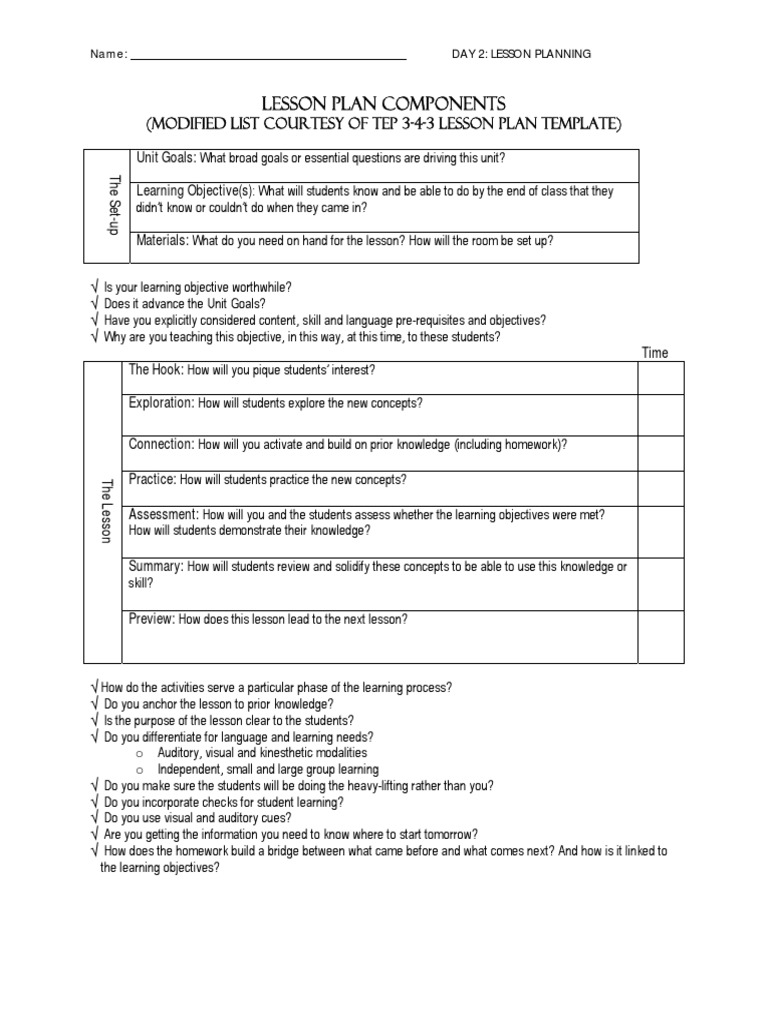 Lesson Plan Components: (Modified List Courtesy of TEP 3-4-3 Lesson ...