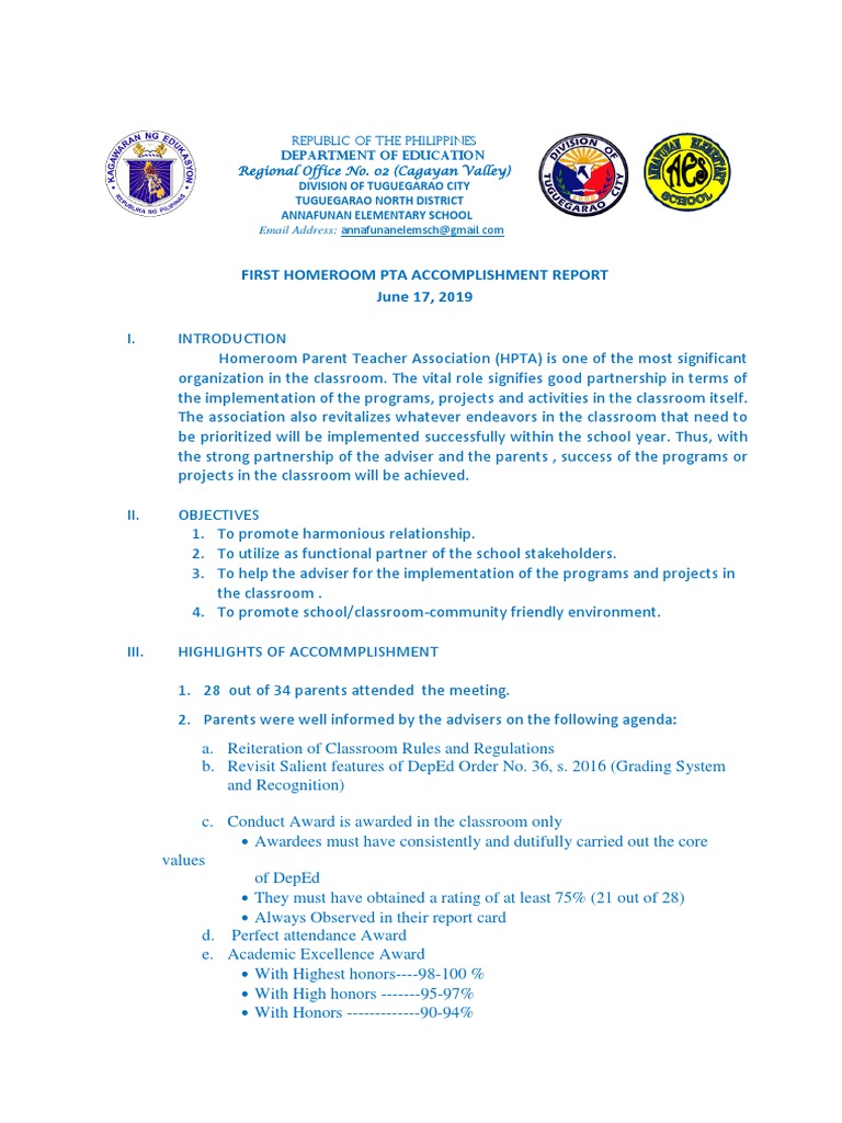 First Hpta Accomplishment Report | PDF | Learning | Teachers