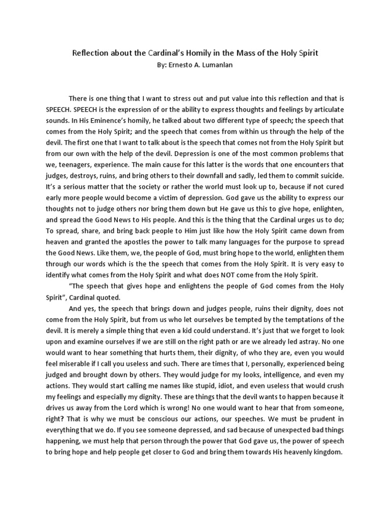 Reflection About The Cardinal's Homily in The Mass of The Holy Spirit ...