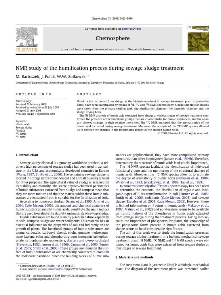 NMR Analysis of Humic Acids in Sewage Sludge | PDF | Nuclear Magnetic ...