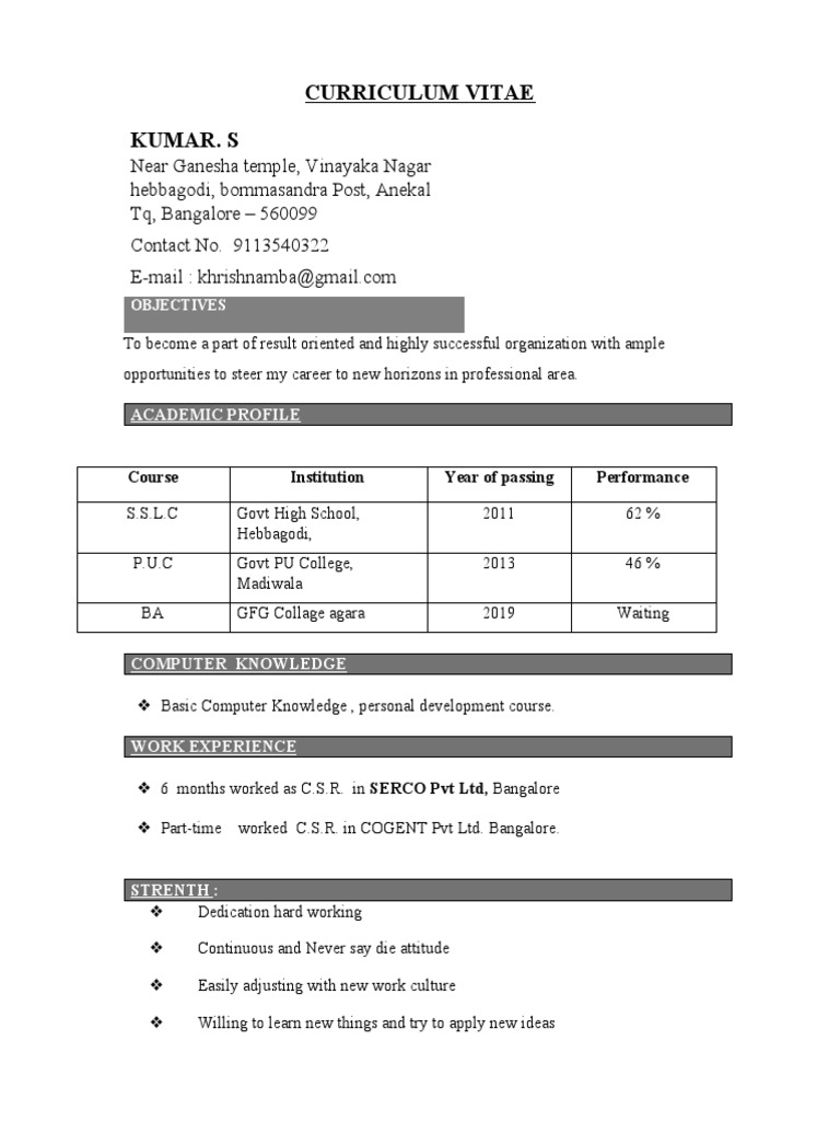 Curriculum Vitae Kumar. S | PDF