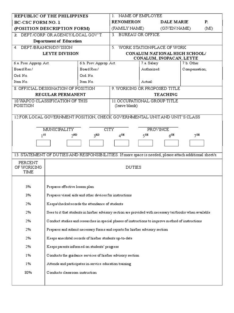 Position Description Form | PDF | Teachers | Behavior Modification