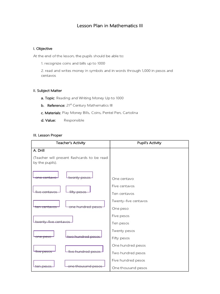 Lesson Plan in Mathematics III | PDF | Banknote | Money