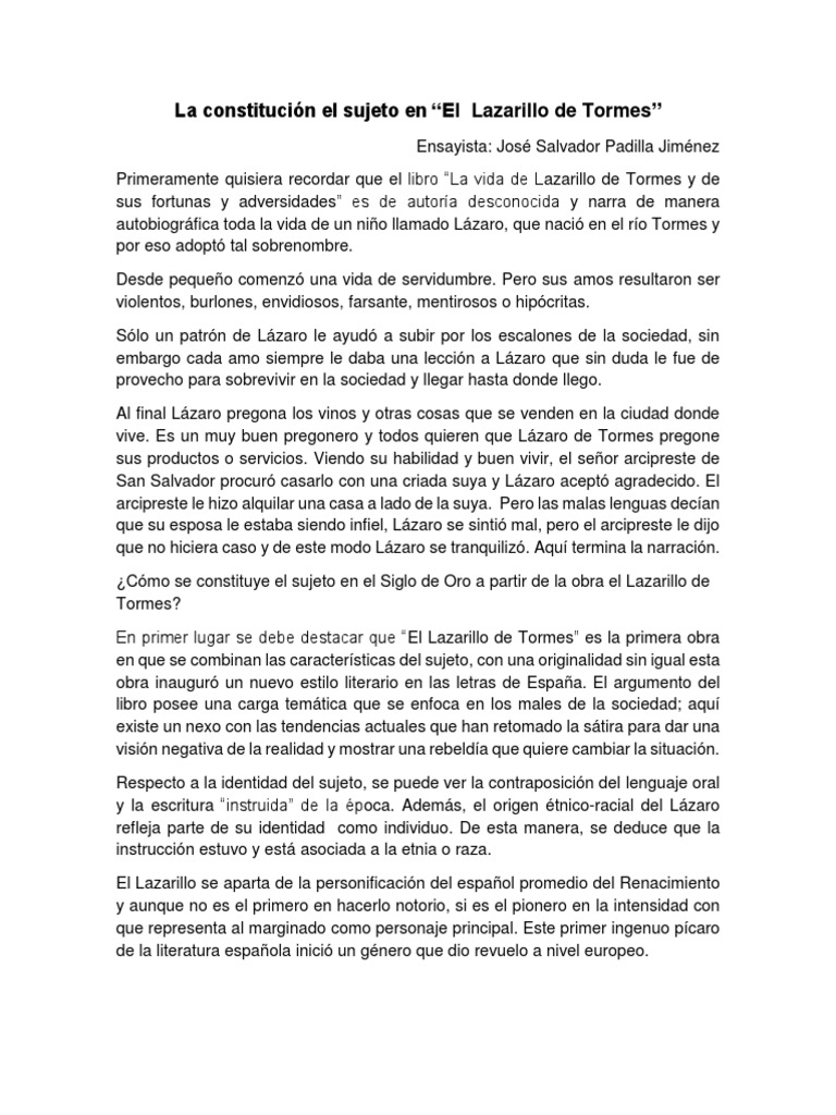Ensayo de "El Lazarillo de Tormes" | PDF | Science | Ciencia filosófica