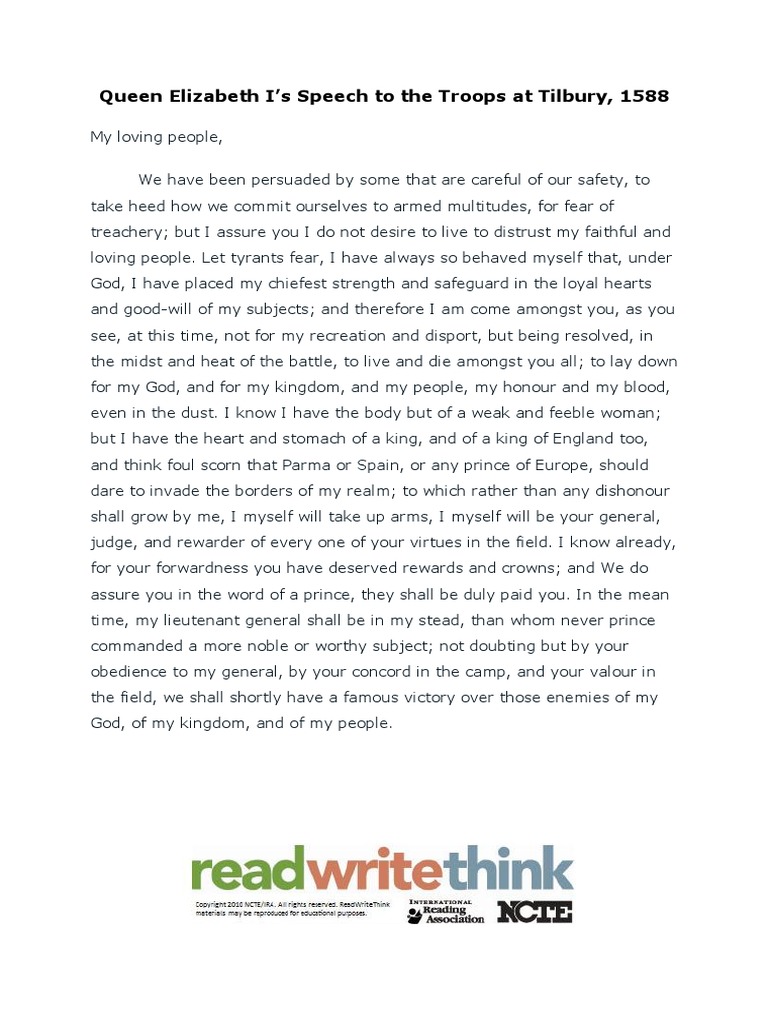 Queen Elizabeth I's Speech To The Troops at Tilbury, 1588 | PDF ...