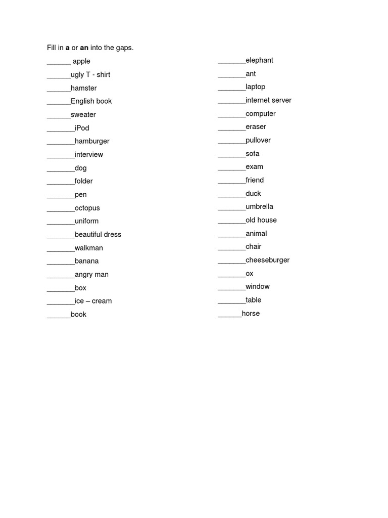 Fill in A or An Into The Gaps | PDF