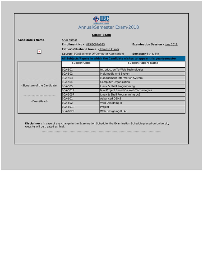 Annual/Semester Exam-2018: Admit Card | PDF | Digital Technology | Software