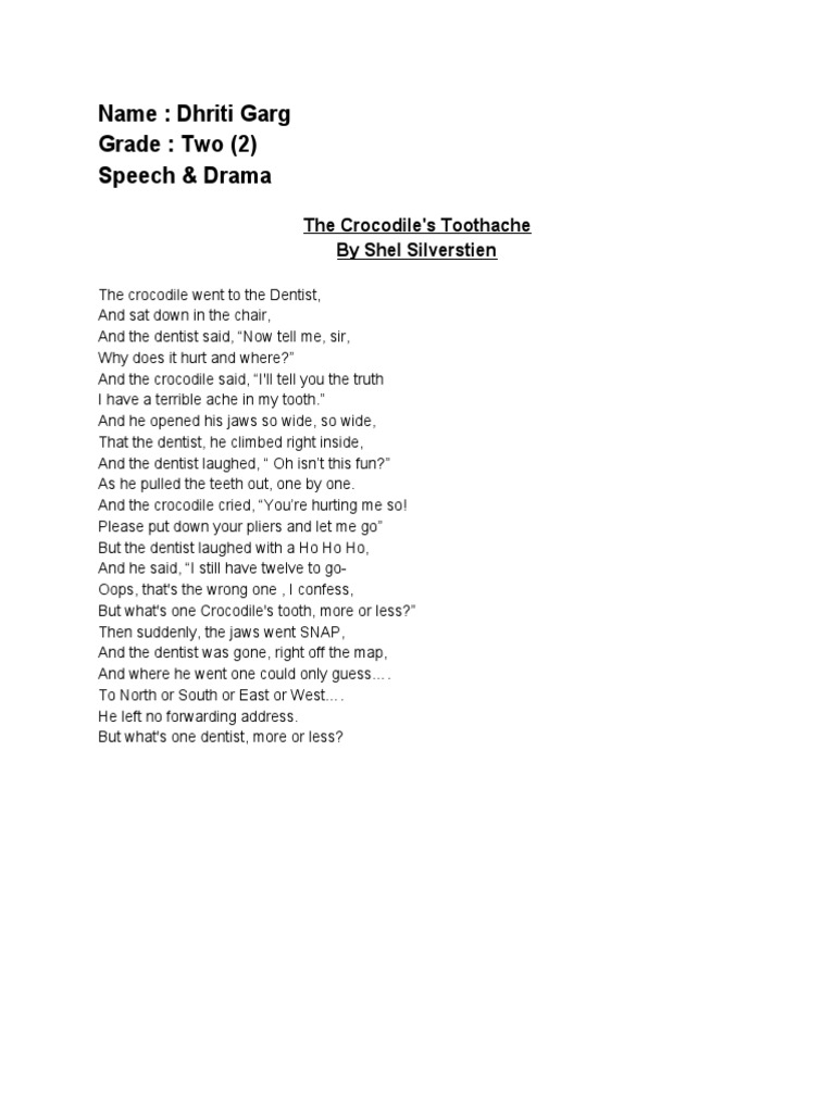 Name: Dhriti Garg Grade: Two (2) Speech & Drama: The Crocodile's ...