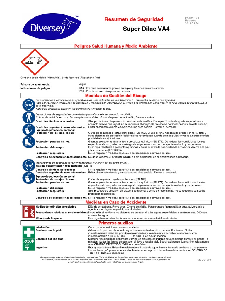 Seguridad en el uso de Super Dilac VA4 | PDF | Química | Naturaleza