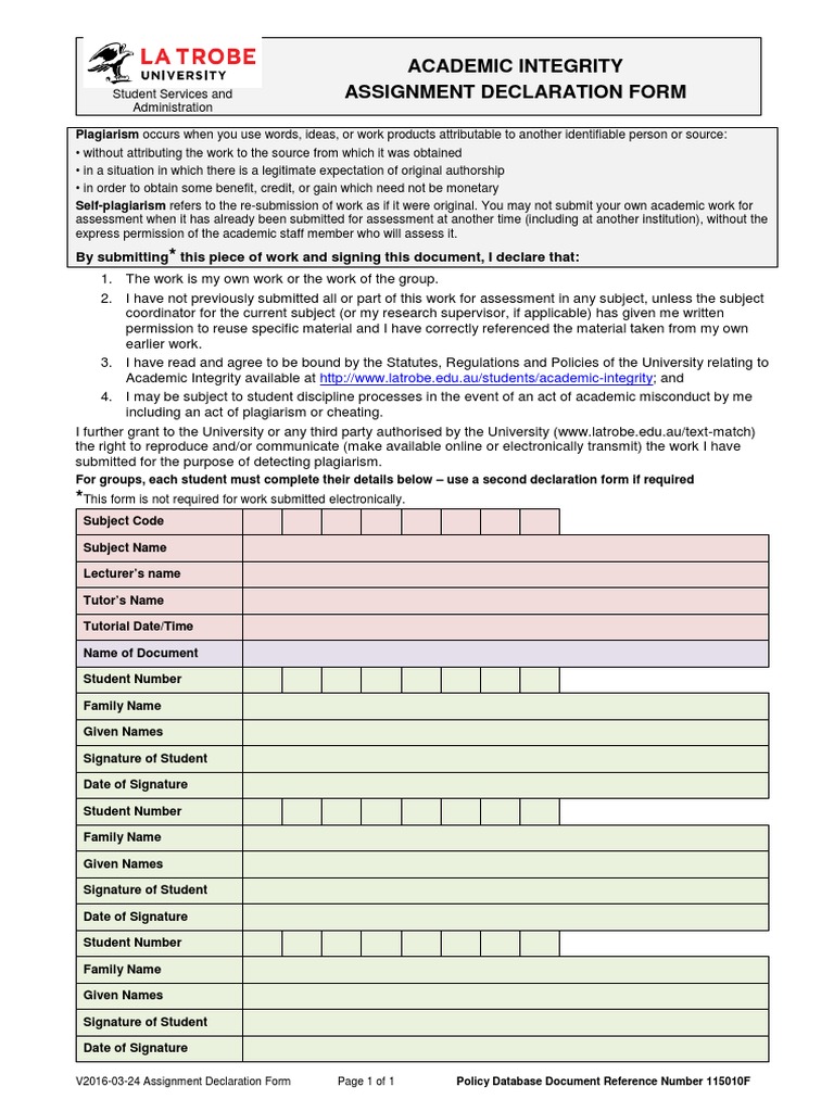 Academic Integrity Assignment Declaration Form | PDF | Plagiarism ...