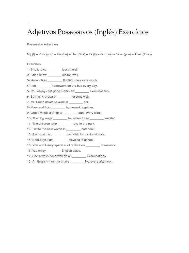 Adjetivos Possessivos (Inglês) Exercícios | PDF