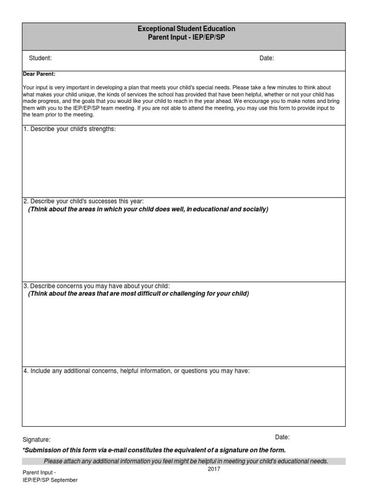 Exceptional Student Education Parent Input - IEP/EP/SP | PDF