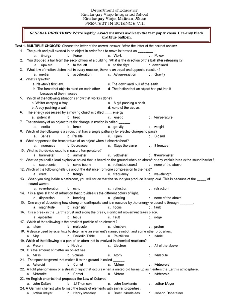 Pre-Test in Science Viii: GENERAL DIRECTIONS: Write Legibly. Avoid ...