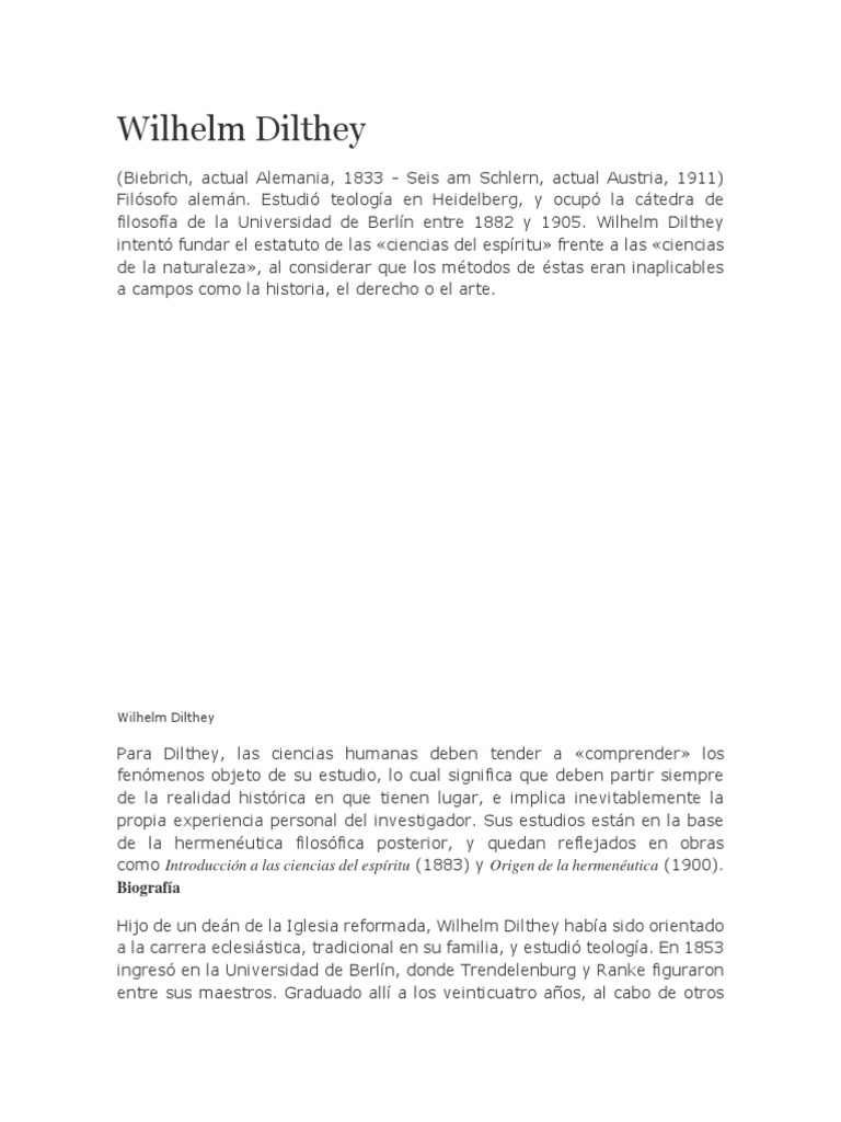 Wilhelm Dilthey: Biografía | Teorías filosóficas | Epistemología