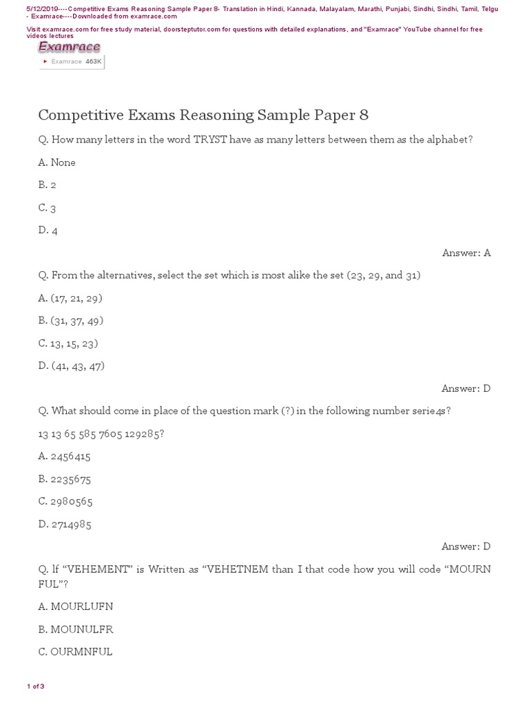 Competitive Exams Reasoning Sample Paper 8: Examrace | Download Free ...