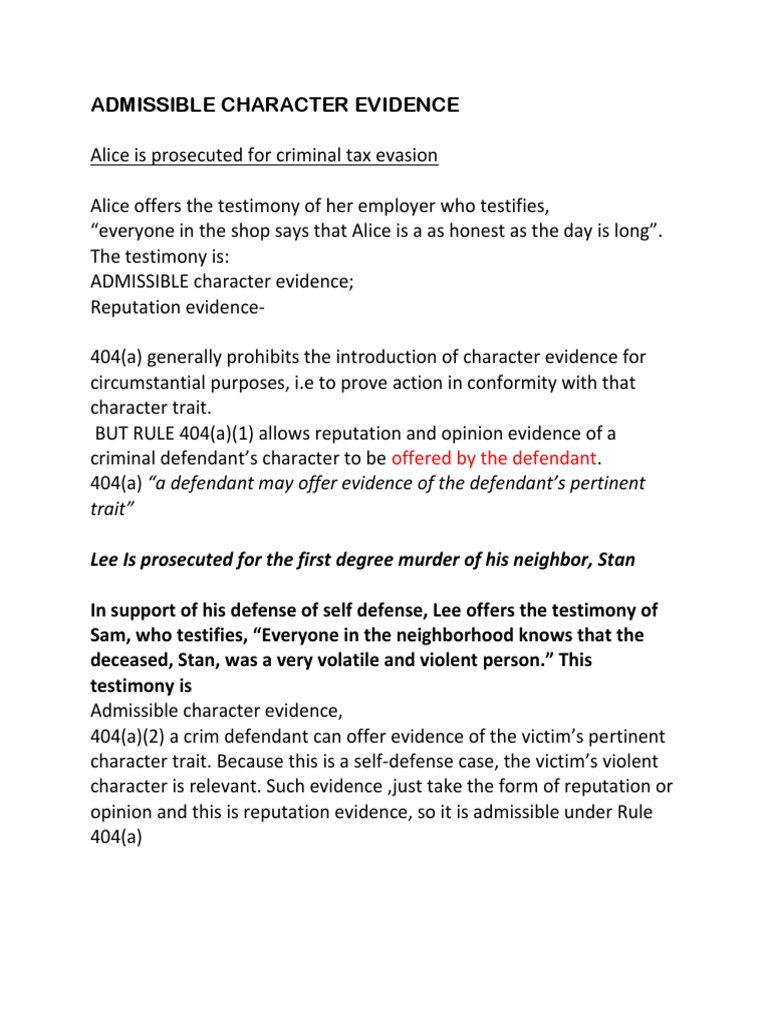Admissible:Inadmissible Character Evidence | PDF | Witness | Testimony