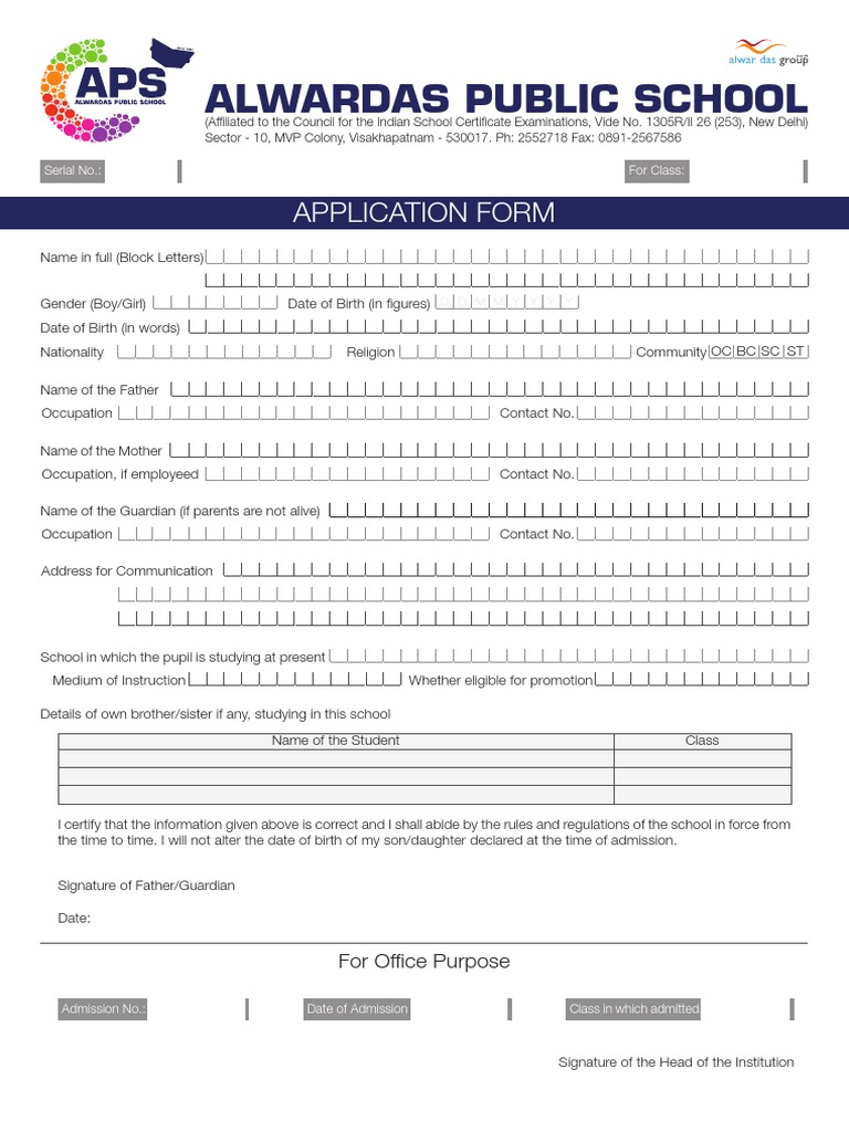 Alwardas Public School: Application Form | PDF