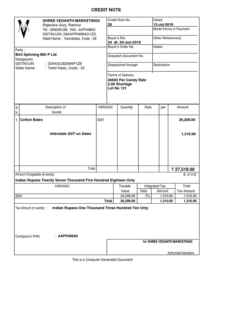 Birli Spinning Mill Credit Note | PDF | Services (Economics) | Public ...