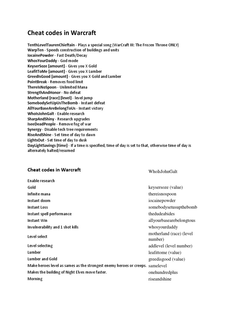 Cheat Codes in Warcraft | PDF | Cheating In Video Games | Races And ...