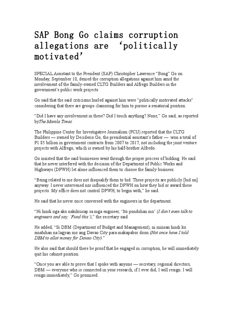 SAP Bong Go Claims Corruption Allegations Are Politically Motivated ...