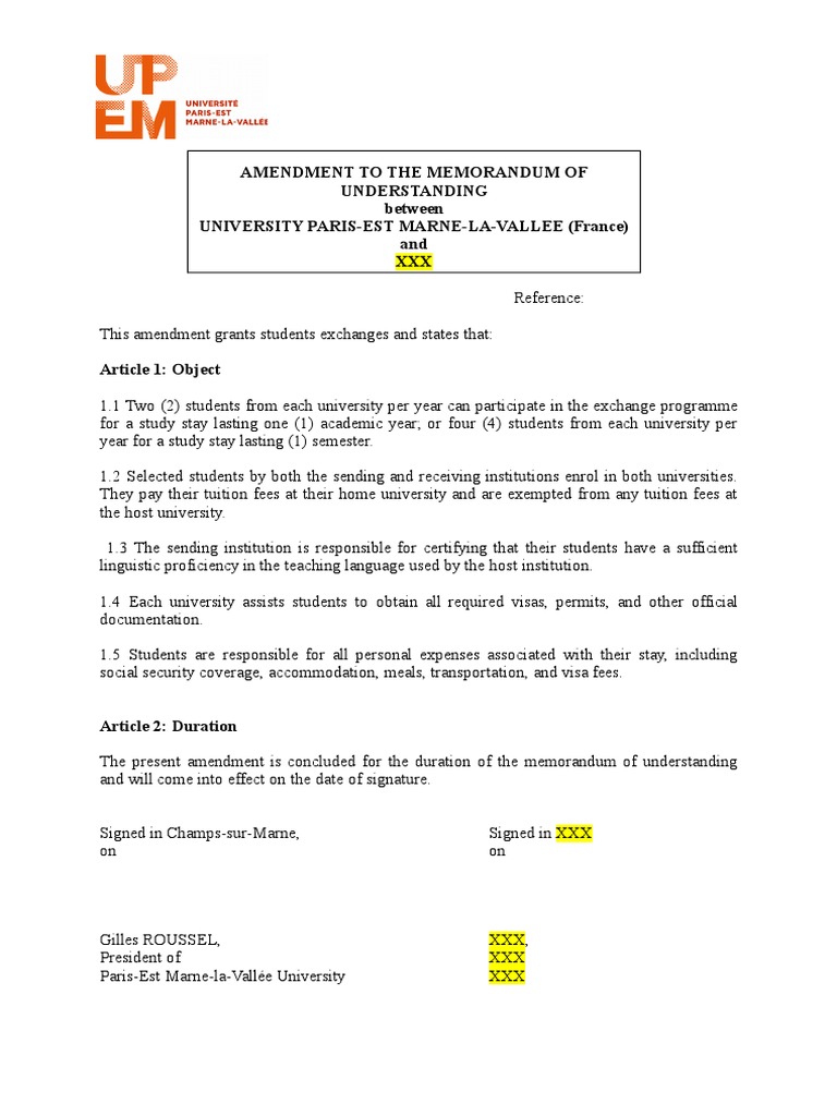 Amendment To The Memorandum of Understanding Between University Paris ...