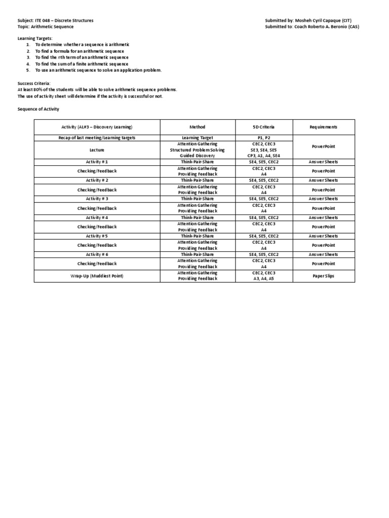 GTP Lesson Plan For Arithmetic Progression | PDF | Teaching | Behavior Modification