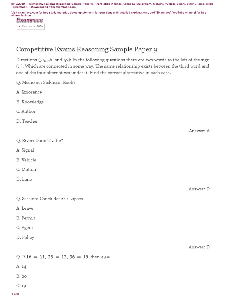 Competitive Exams Reasoning Sample Paper 9: Examrace | Download Free ...