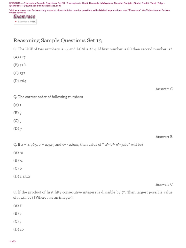 Reasoning Sample Questions Set 13: Examrace | PDF | Geometry ...
