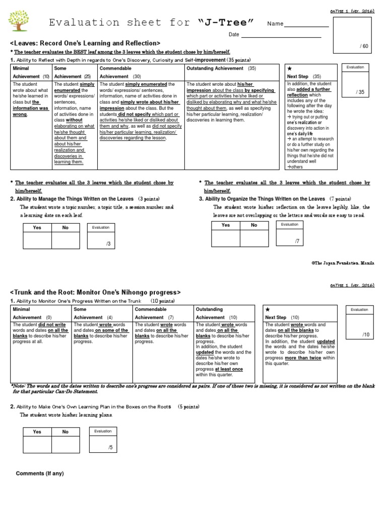 En Tree1and2 Evaluation Sheet For J-Tree1 | PDF | Teaching | Pedagogy