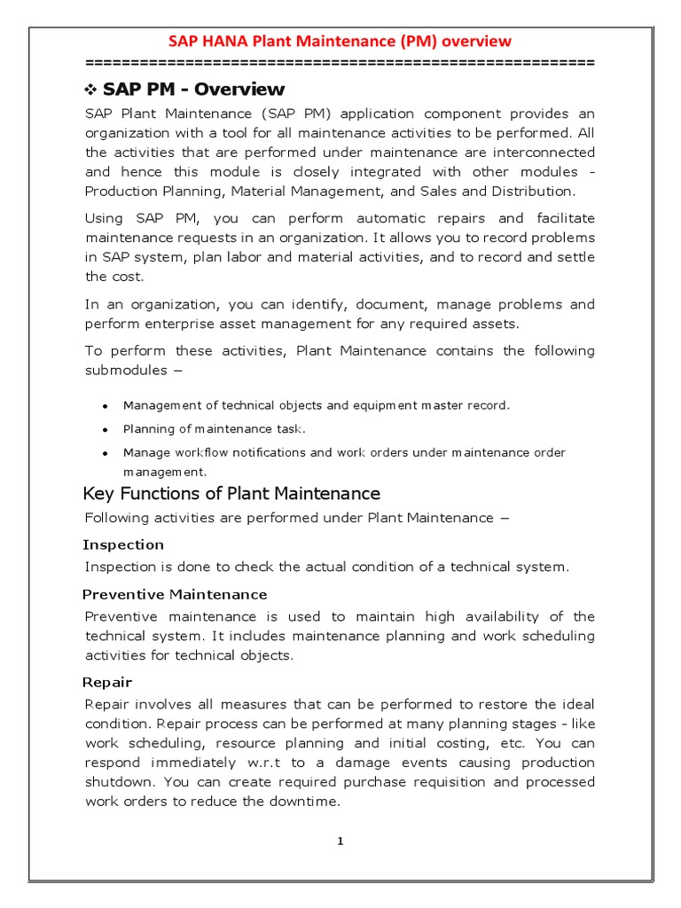 HANA Plant Maintenance (PM) - Overview | PDF | Sap Se | Business
