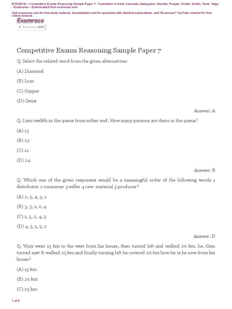 Reasoning Sample Paper 7 | PDF | Languages Of Asia | Semiotics