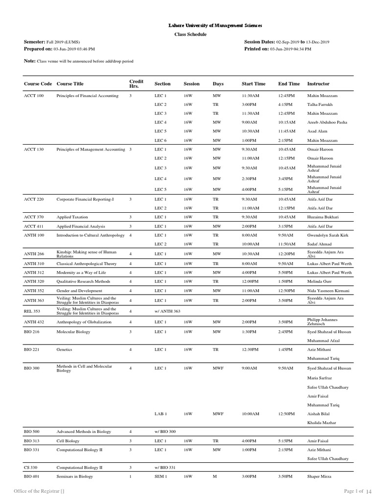 LUMS Fall 2019 Class Schedule | PDF