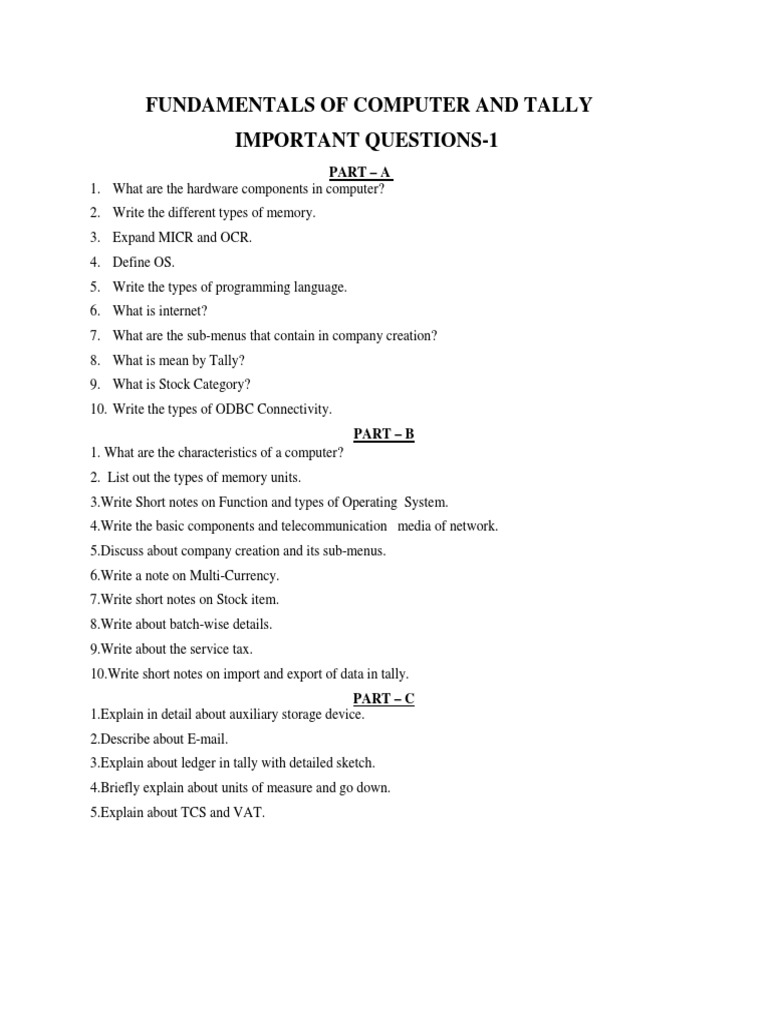 Fundamentals of Computer and Tally Important Questions-1: Part - A | PDF | Operating System ...